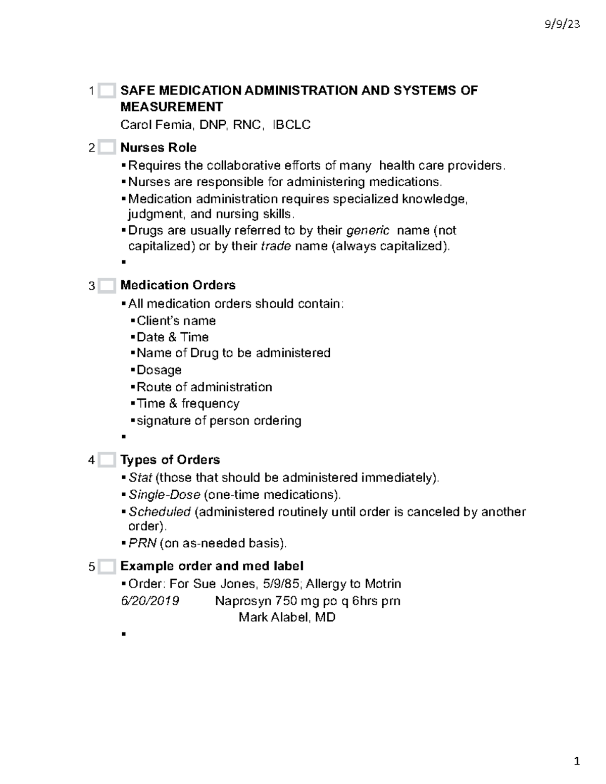Safe medication Administration Notes - 9/9/ 1 SAFE MEDICATION ...