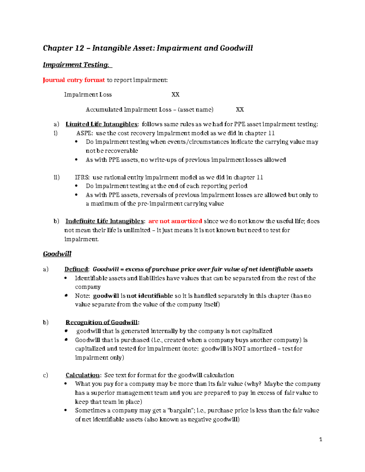 Quick Notes impairment and goodwill 1 - Chapter 12 – Intangible Asset ...