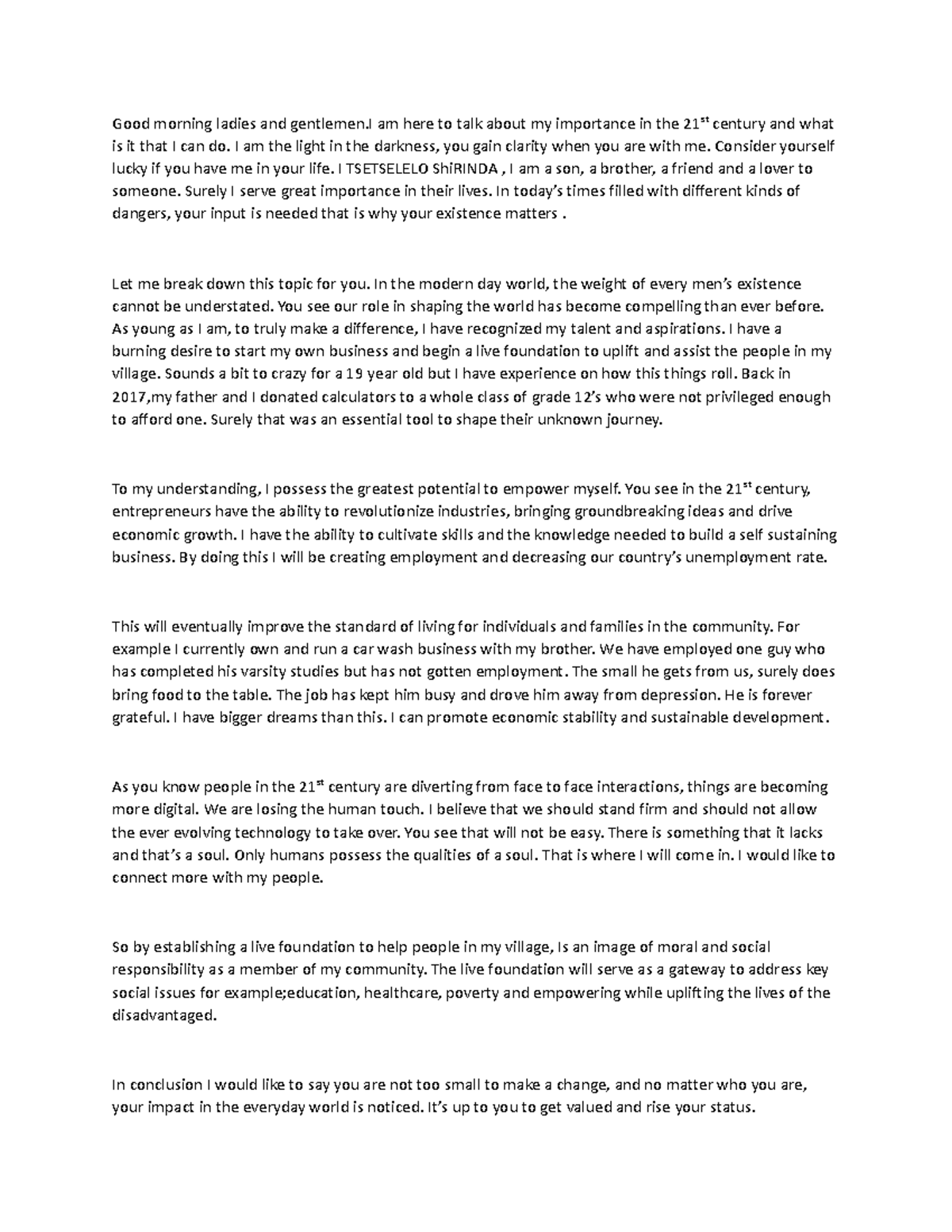 Nkoka wa Mina - Good morning ladies and gentlemen am here to talk about ...