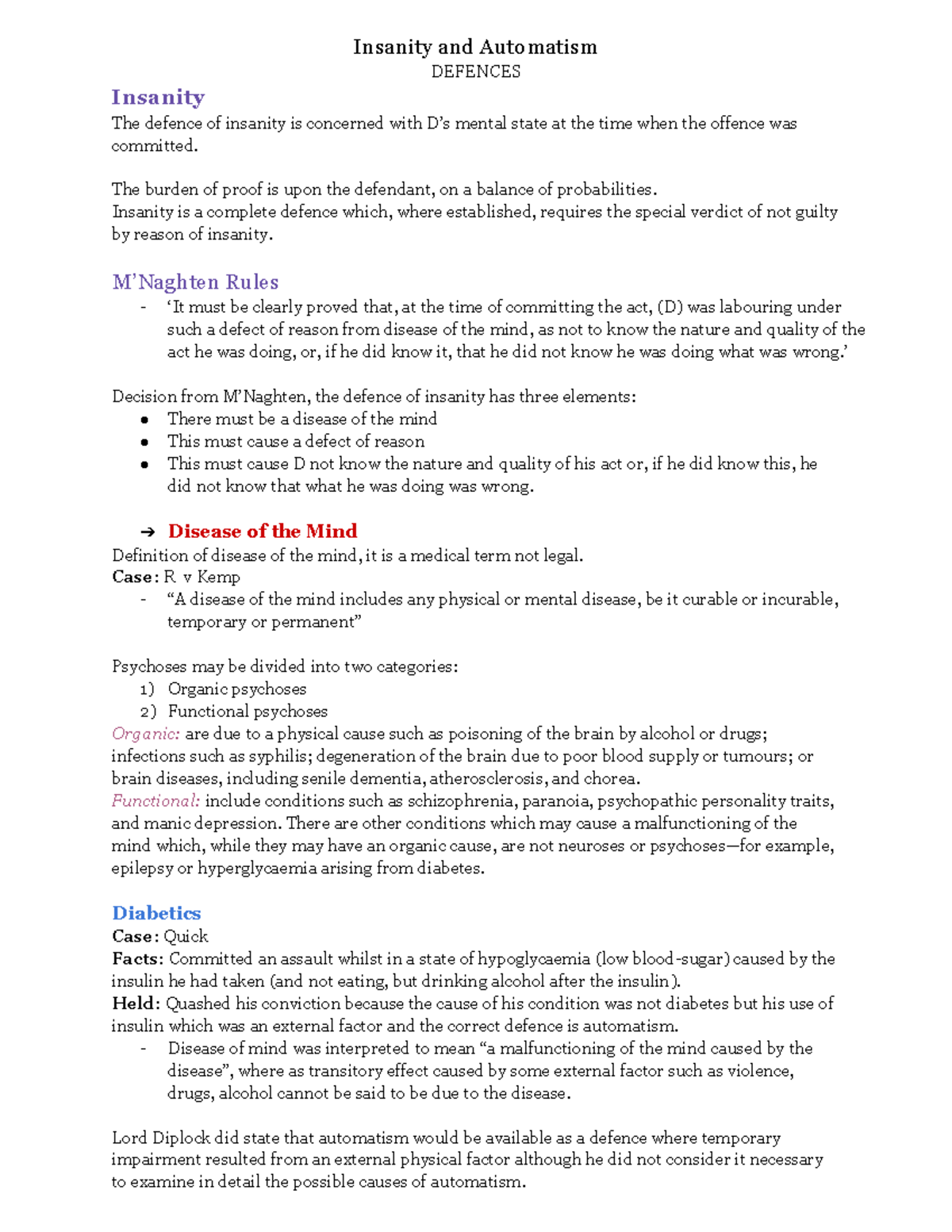 Unit 11 - Automatism and Insanity - Insanity and Automatism DEFENCES ...