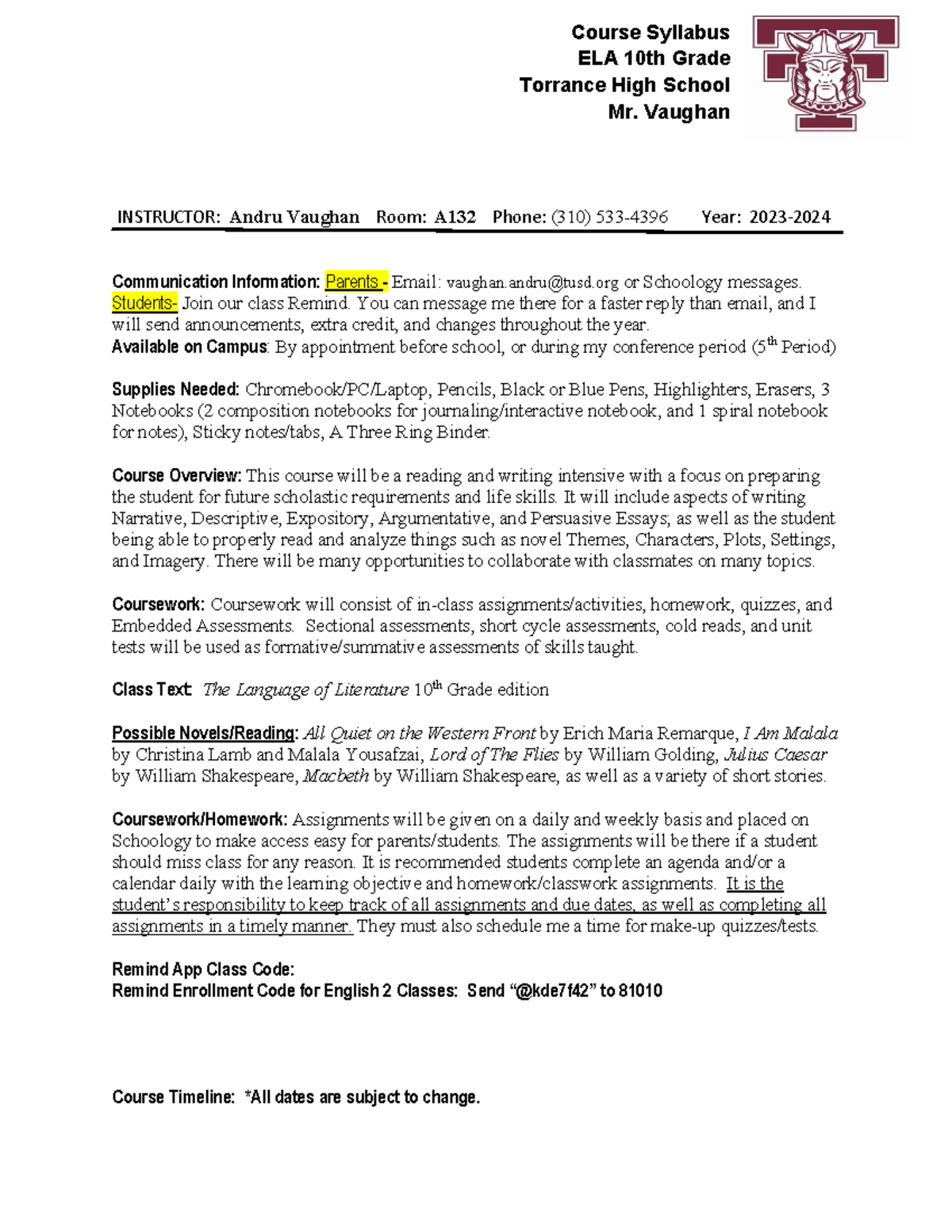 2023-2024 English 2 10th Grade ELA Syllabus - ELA 10th Grade Torrance ...