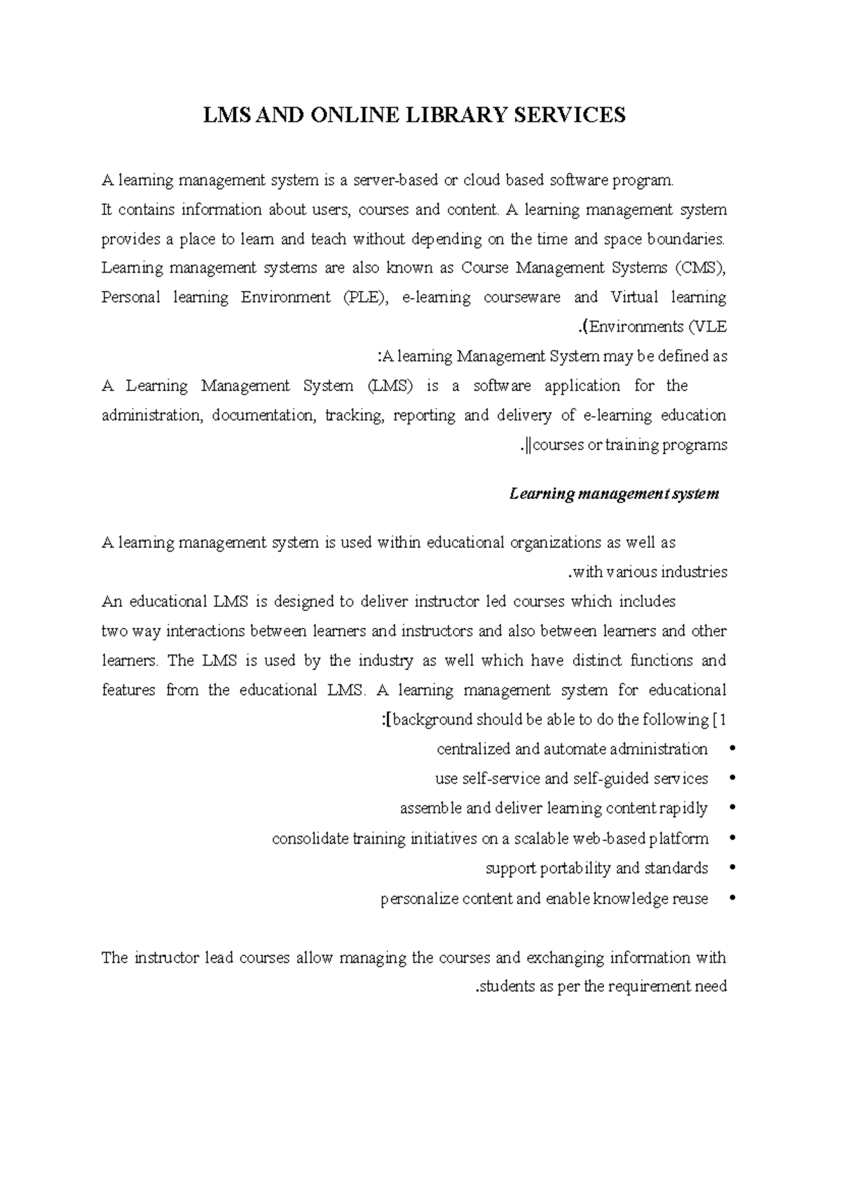 Lms - Notes - LMS AND ONLINE LIBRARY SERVICES A learning management ...