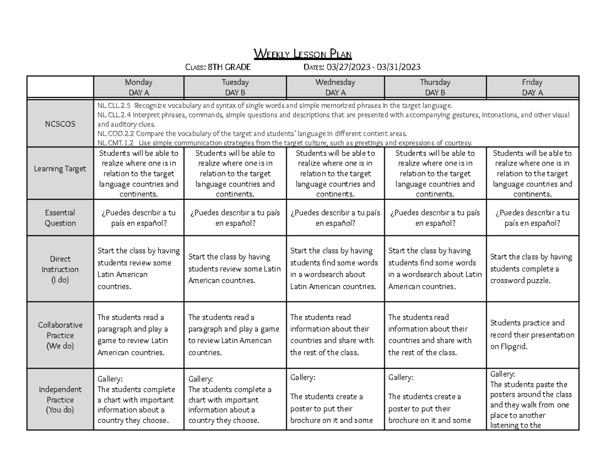 WEEK 13 - Semester 2 - 8TH Grade - WEEKLY LESSON PLAN CLASS: 8TH GRADE ...