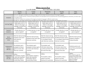 WEEK 9 - Semester 2 - 5TH Grade - WEEKLY LESSON PLAN CLASS: 5TH GRADE ...