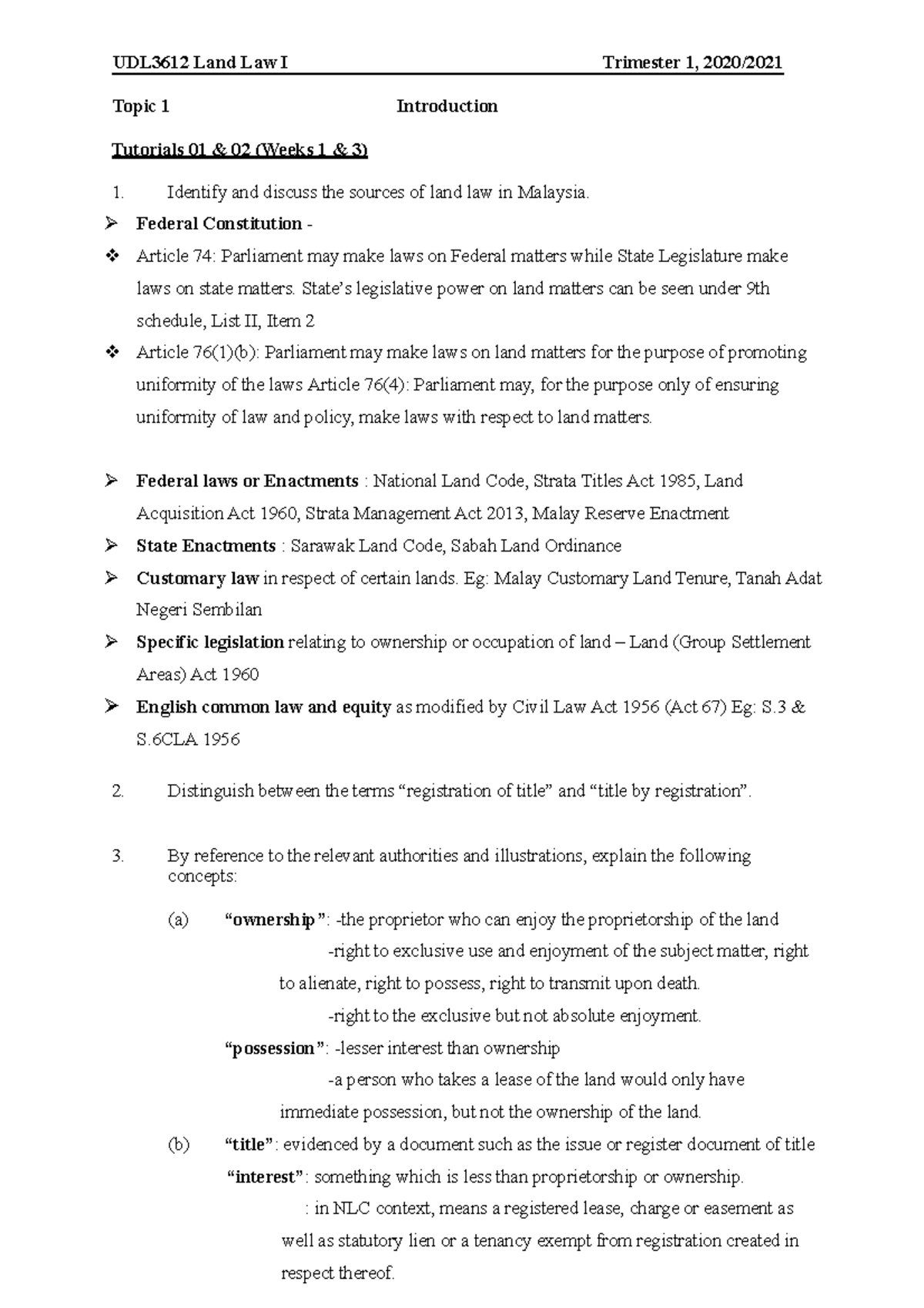 338872 TRI 2010 UDL3612 1 T01 02 - UDL3612 Land Law I Trimester 1, 2020/ Topic 1 Introduction ...