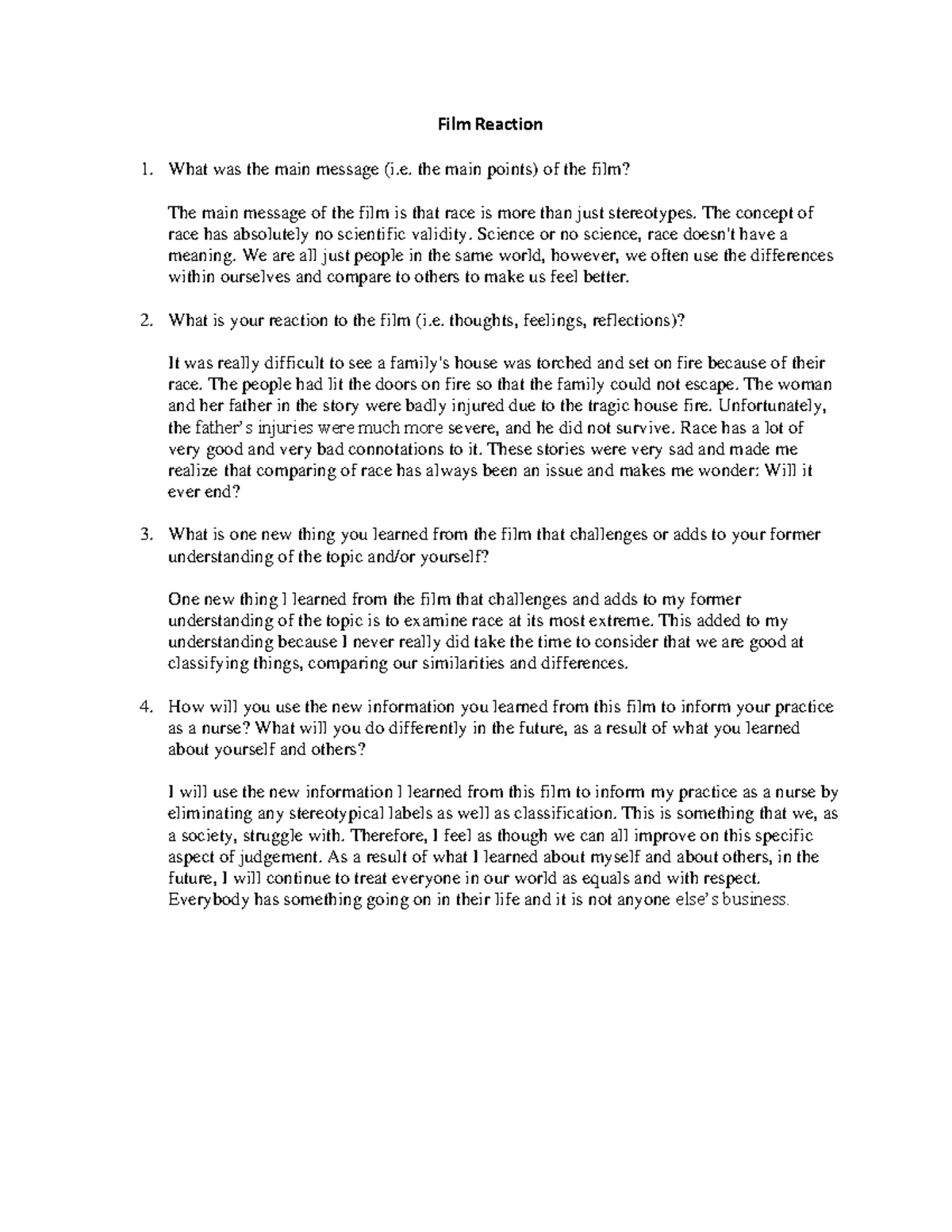 Film Reaction #1 - Film Reaction What was the main message (i. the main ...