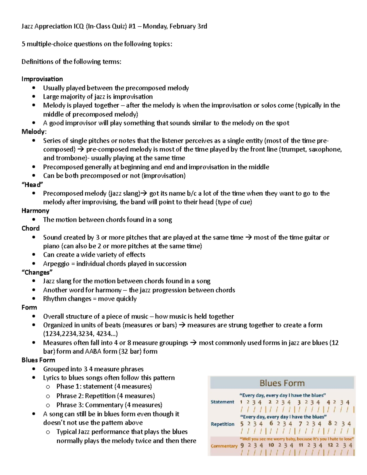 Jazz Appreciation ICQ #1 Review Guide - Monday, February 3rd - Jazz Appreciation ICQ (In-Class ...