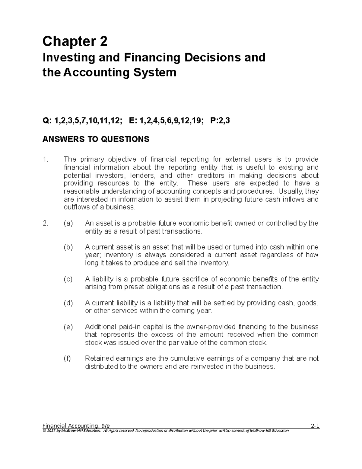 Chapter 2 HW Solutions - Chapter 2 Investing and Financing Decisions ...