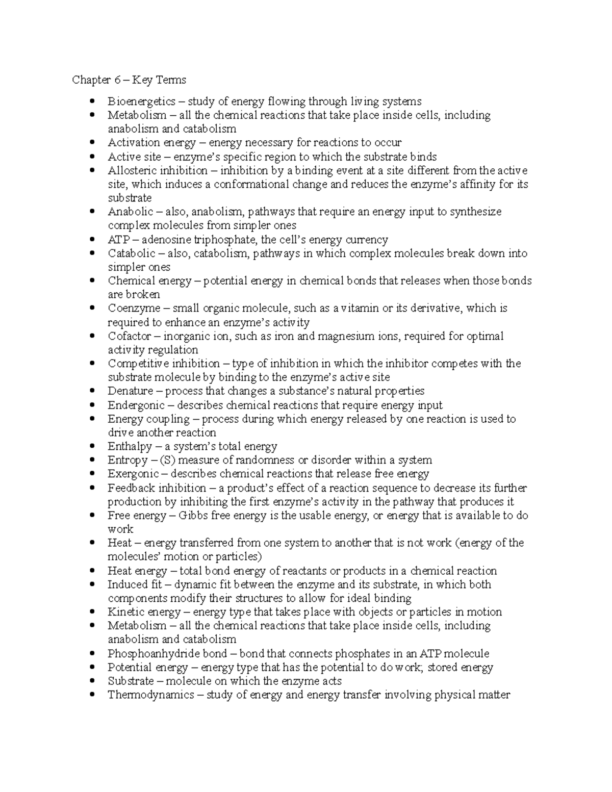 BIO120 Chapter 6, 7, 8 Notes - Chapter 6 – Key Terms Bioenergetics ...