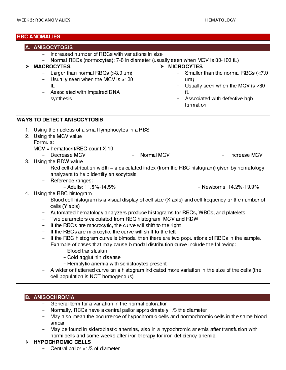 Red Blood Cell Anomalies - RBC ANOMALIES A. ANISOCYTOSIS Increased ...
