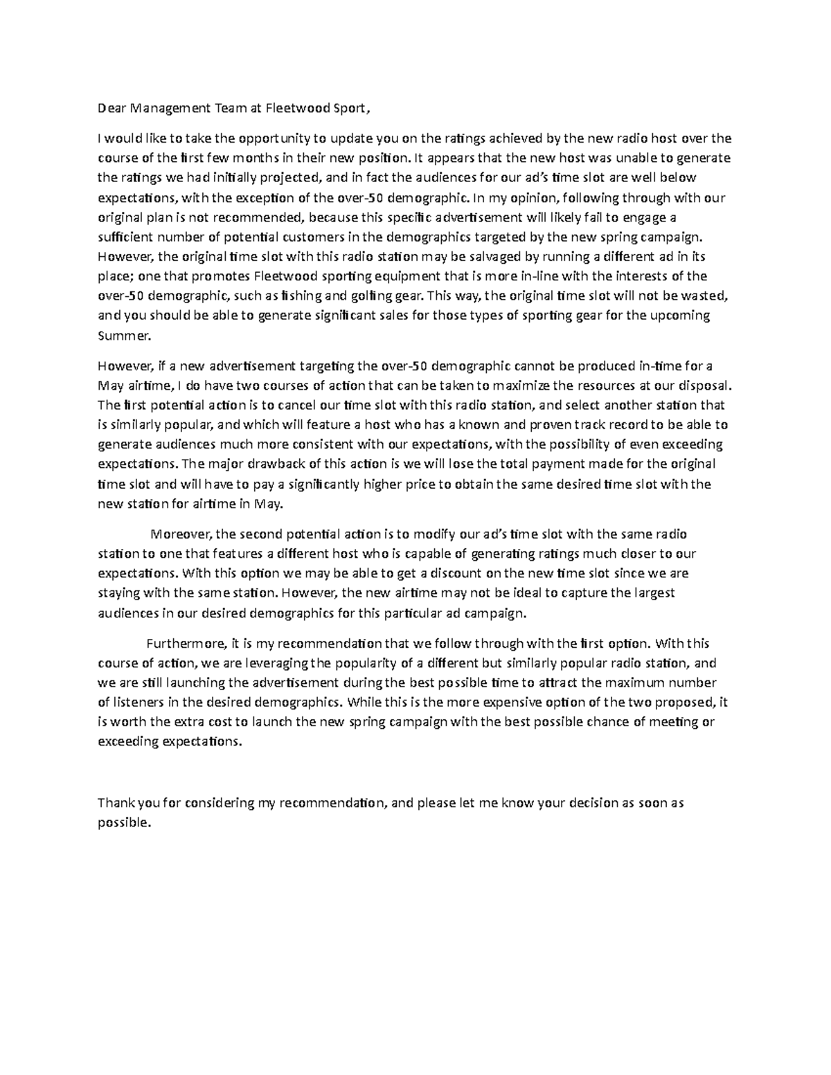 To the Management Team at Fleetwood Sport - Dear Management Team at ...