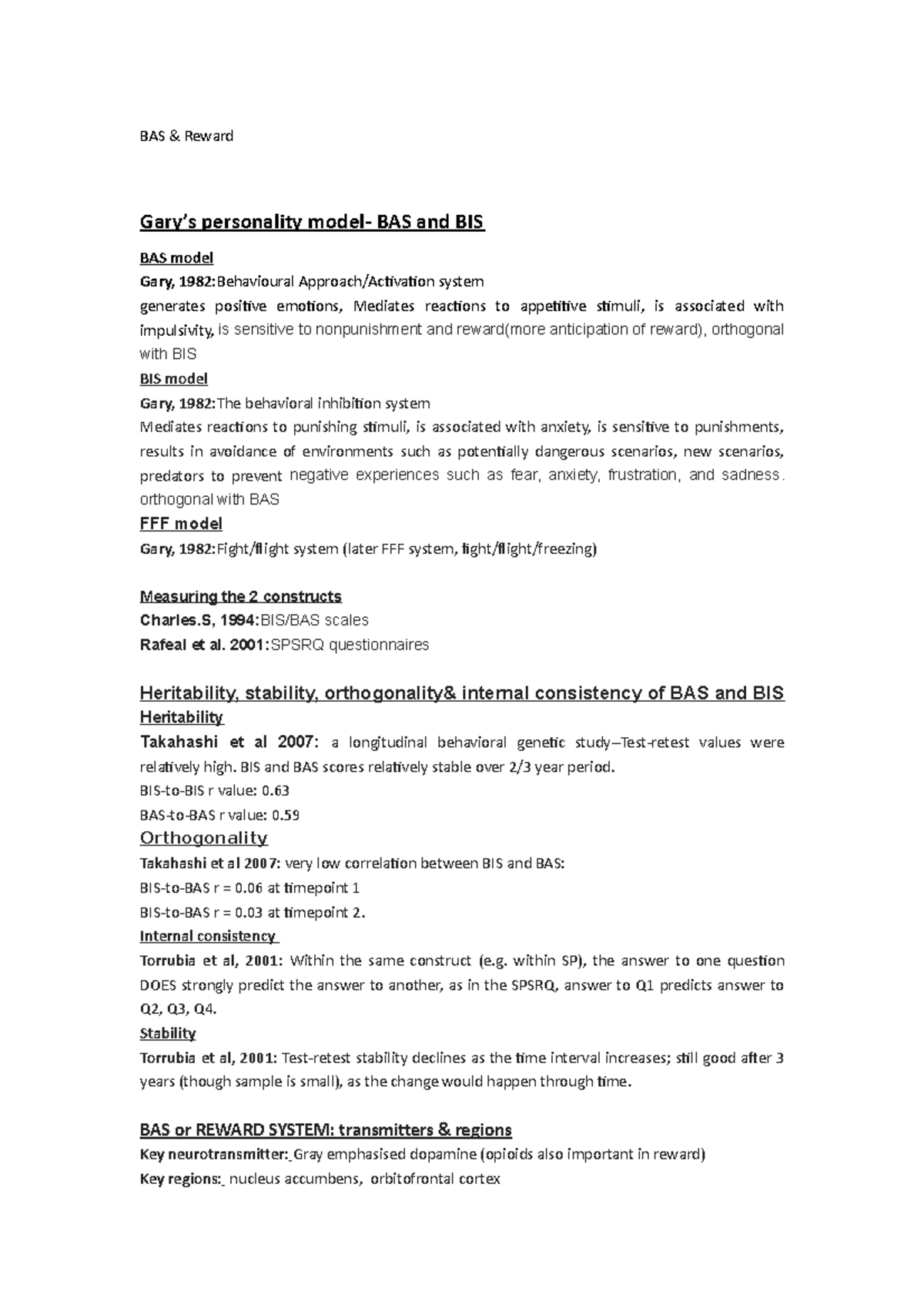 BIS BAS - Lecture notes 4&5 - BAS & Reward Gary’s personality model ...