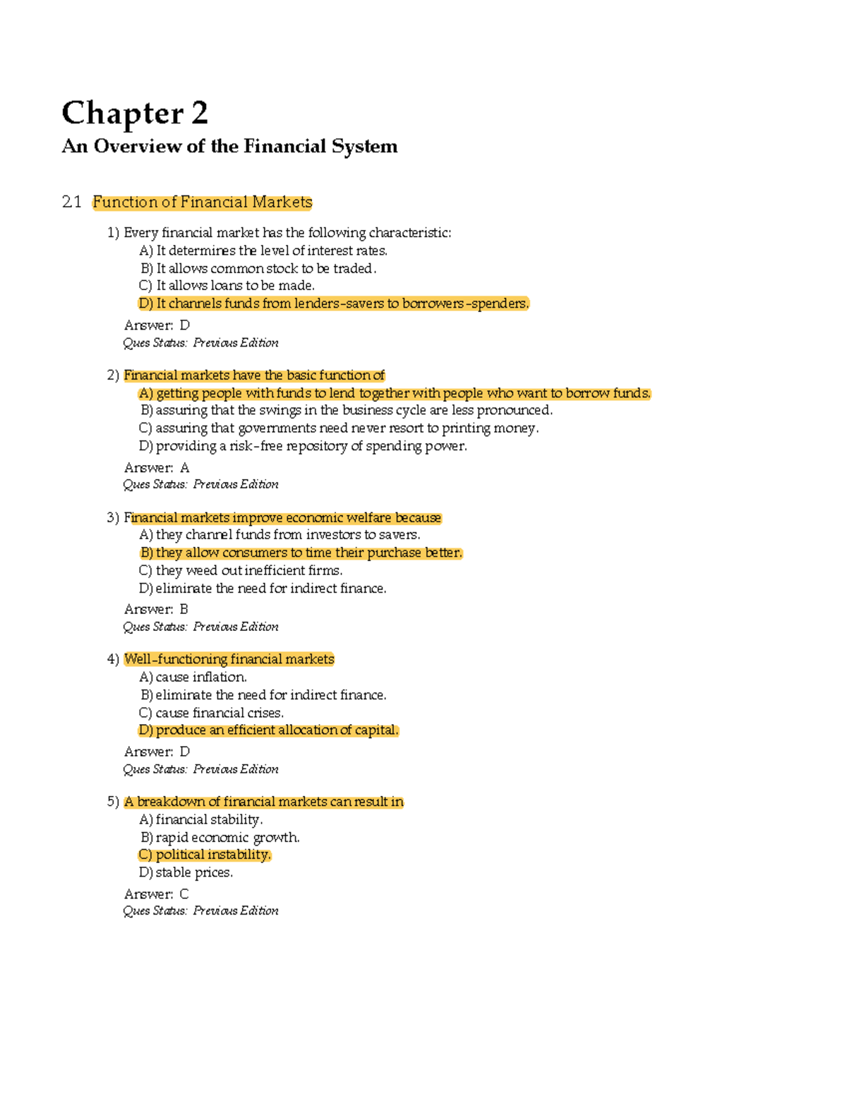 MCQs Chapter 2 - Financial Systems - Chapter 2 An Overview of the ...