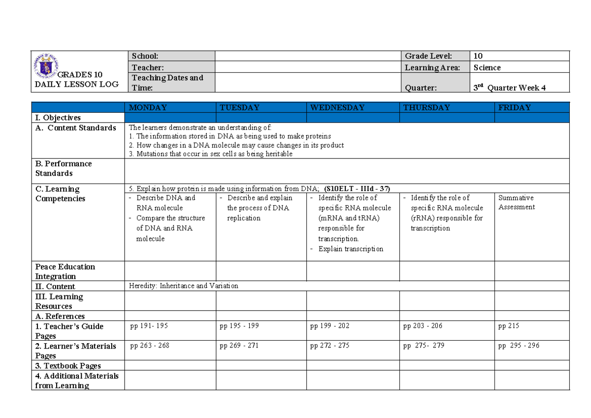 439065824 Science 10 DLL Q3 W4 docx - GRADES 1 0 DAILY LESSON LOG ...