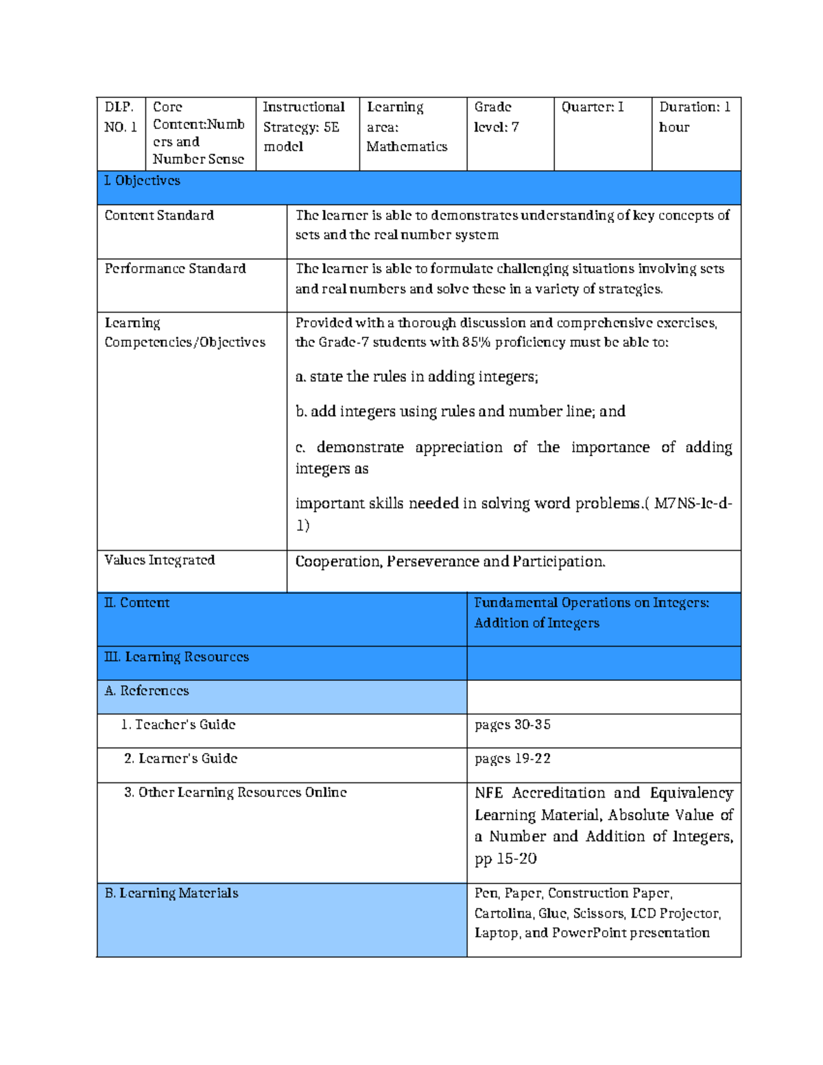 LP Algebra - cdcs - DLP. NO. 1 Core Content:Numb ers and Number Sense ...
