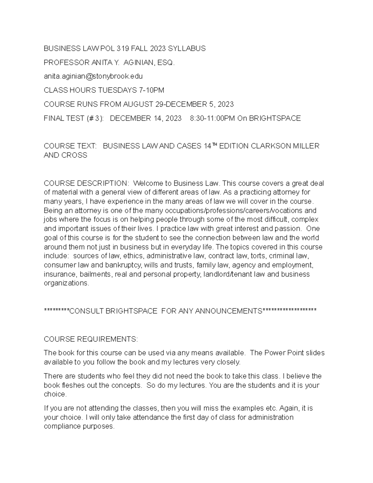 Business Law Syllabus(1) - BUSINESS LAW POL 319 FALL 2023 SYLLABUS ...