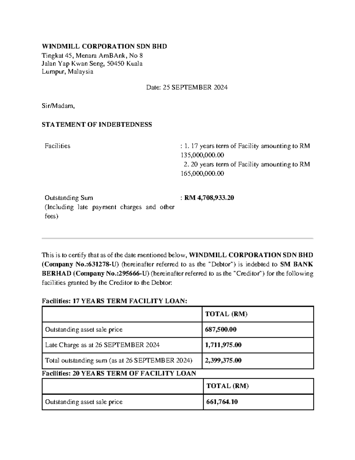 Statement of Indebtedness - WINDMILL CORPORATION SDN BHD Tingkat 45 ...