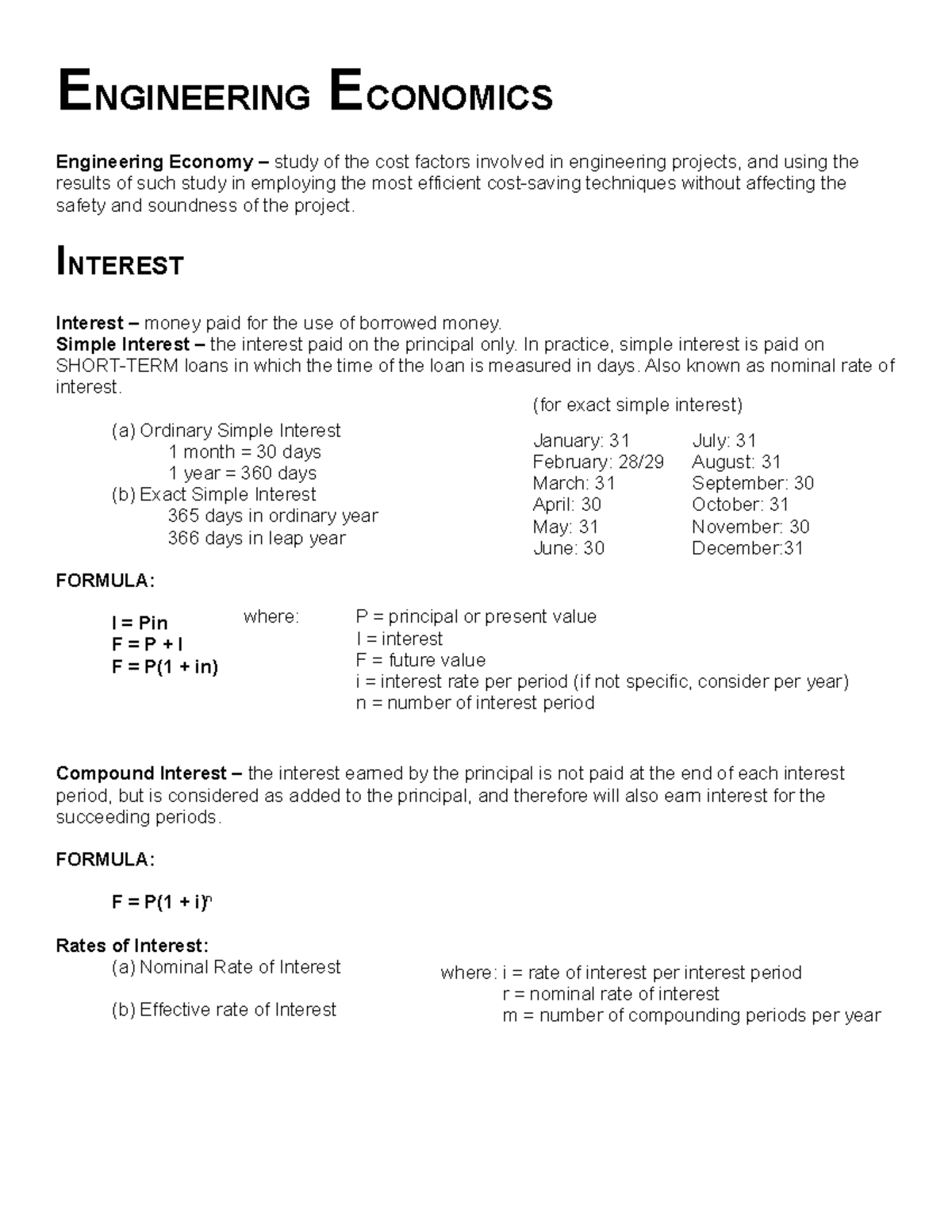 Engineering Economics for Exact Simple Interest July 31 August 31