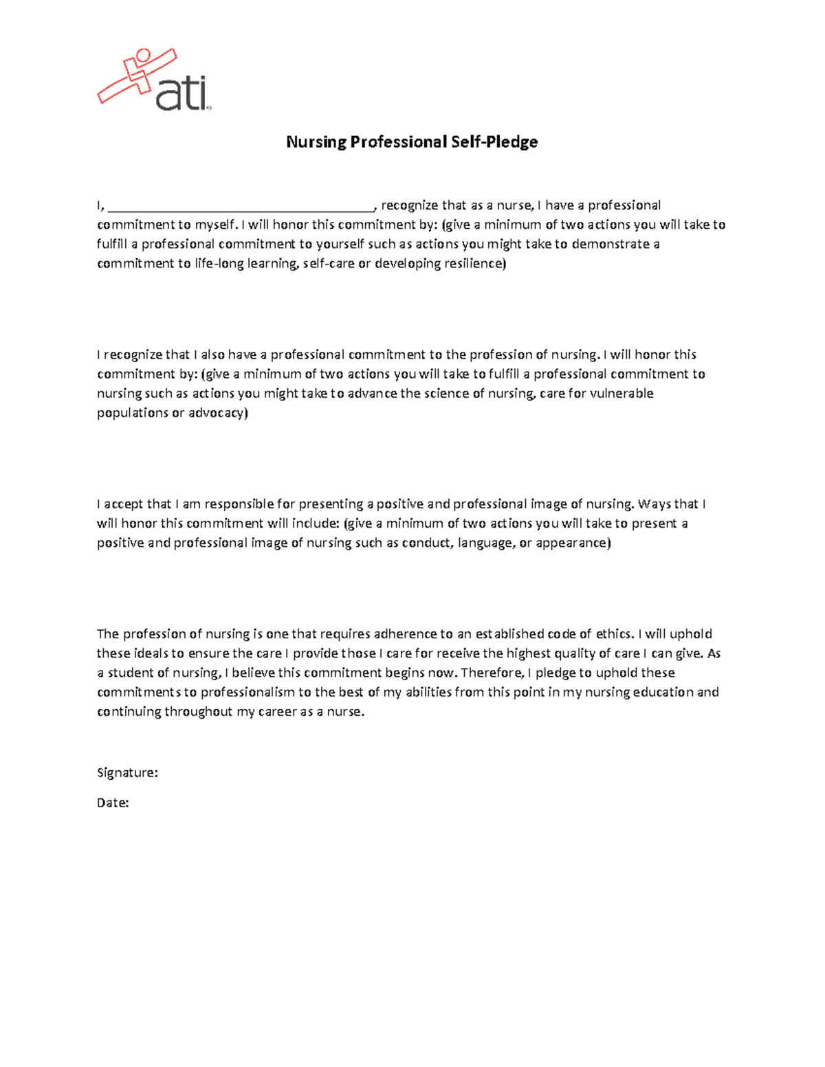 Ati Professionalism and Leadership Nursing Professional Self-Pledge ...