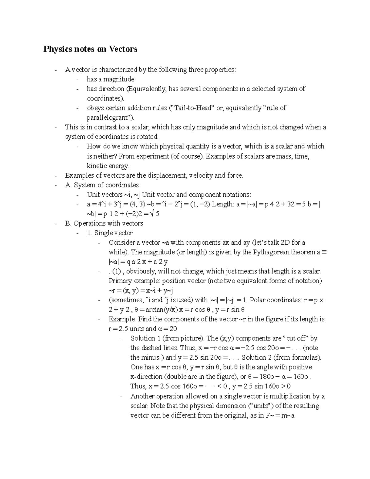 Physics notes on Vectors - obeys certain addition rules (”Tail-to-Head ...