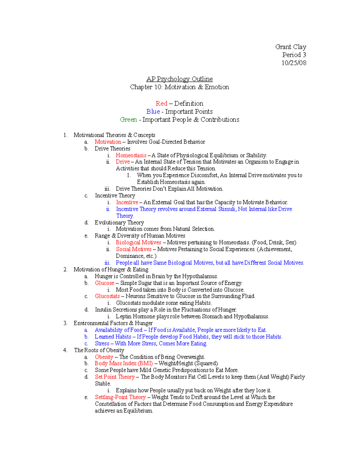 APP Ch.10 Outline Motivation Emotion - Grant Clay Period 3 10/25/ AP ...