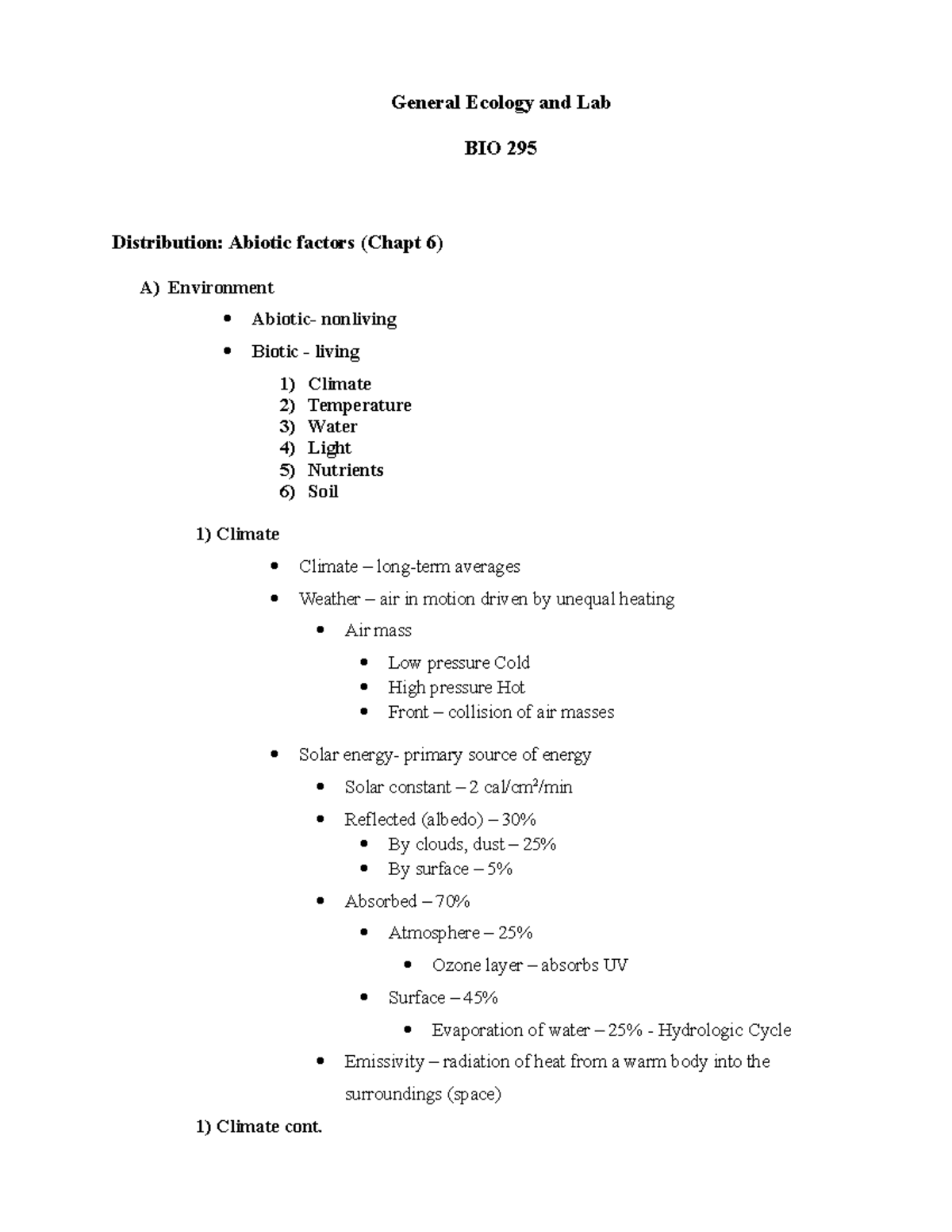 BIO295 abiotic factors - General Ecology and Lab BIO 295 Distribution ...