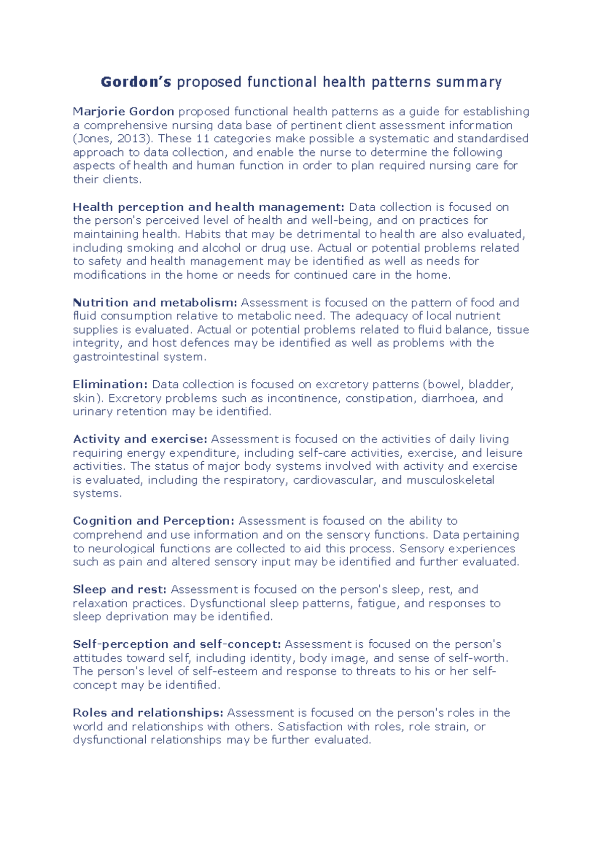 Gordon Patterns Summary - Gordon’s proposed functional health patterns ...