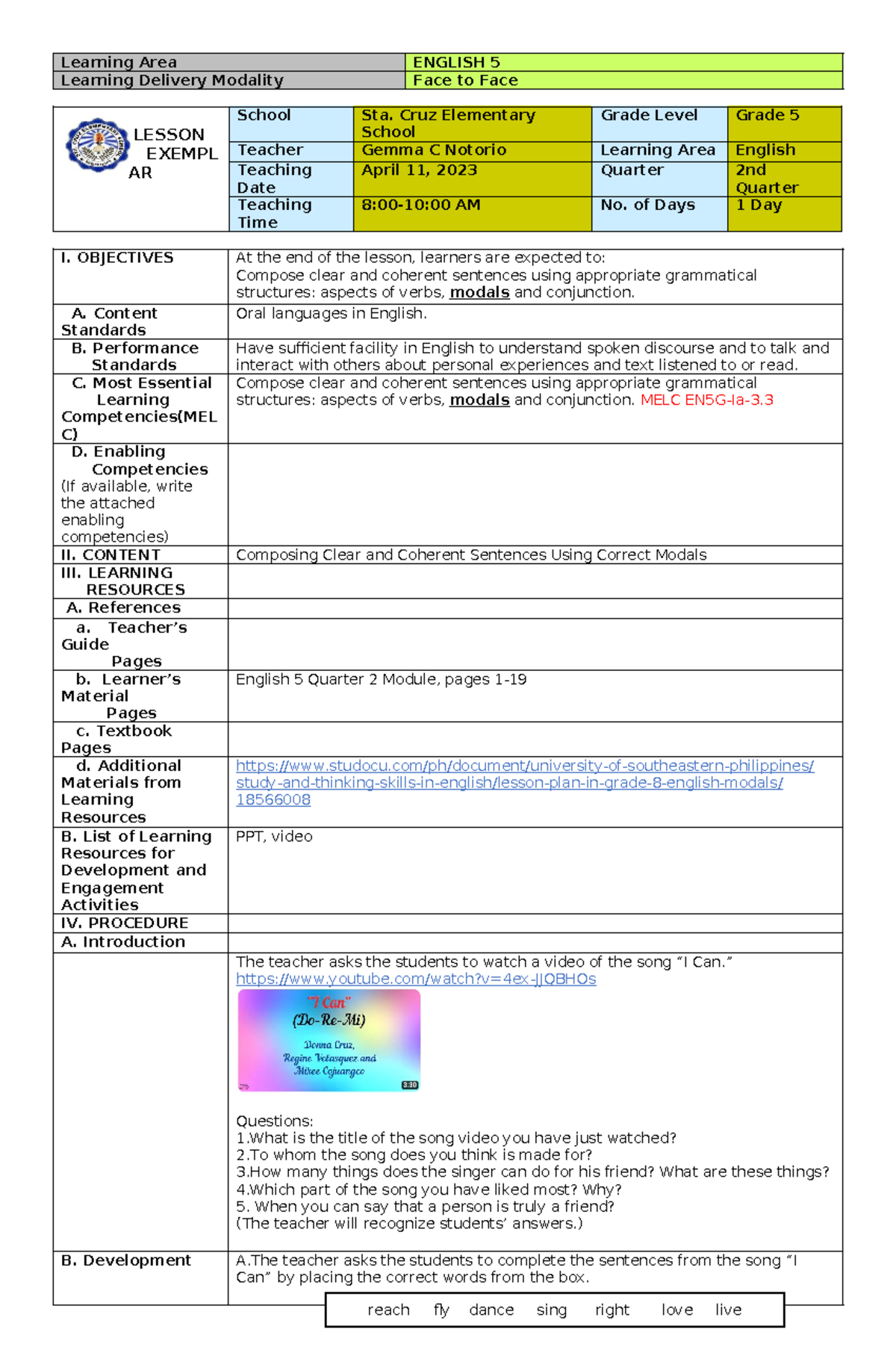ENG 5 MODALS EXEMPLAR - Learning Area ENGLISH 5 Learning Delivery ...