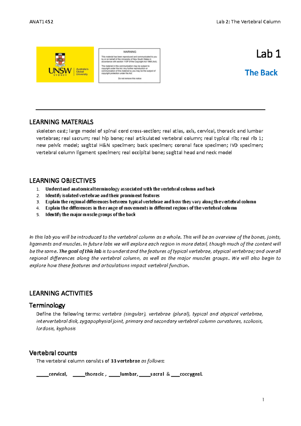 ANAT1452 Lab 1 Overview of the back - ANAT1452 Lab 2 : The Vertebral ...