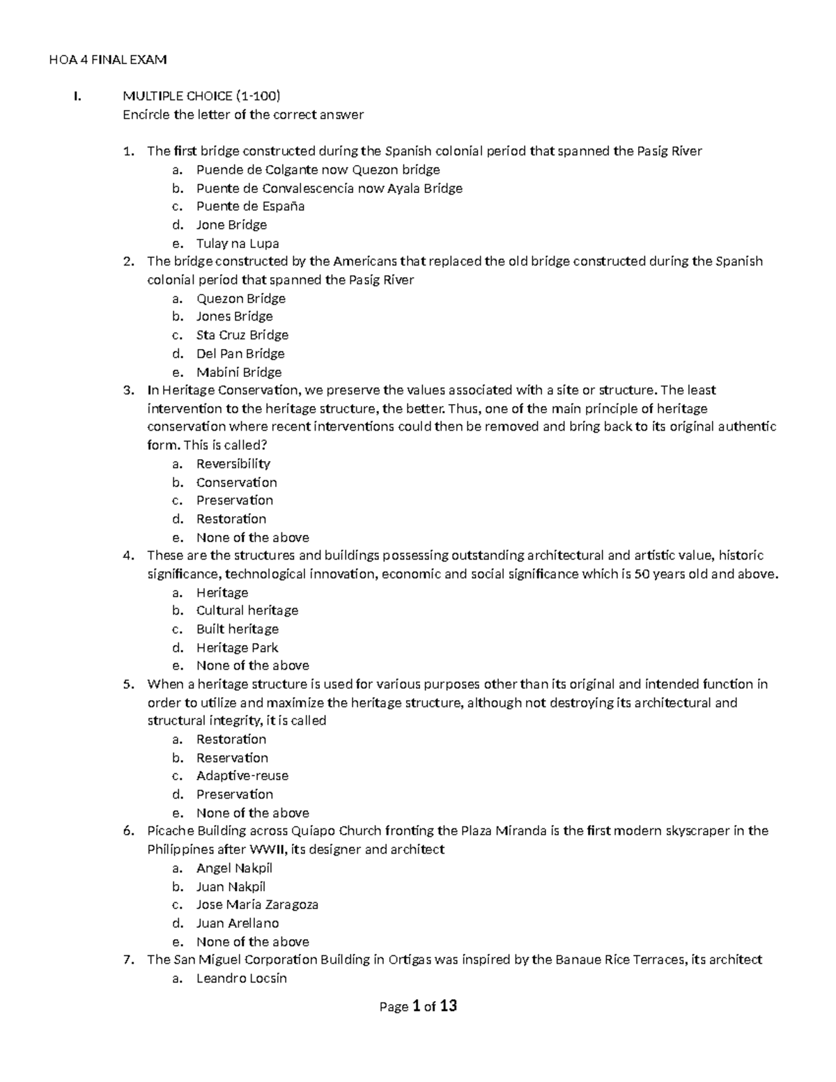 HOA 4 Final Exam 3rd Term - HOA 4 FINAL EXAM I. MULTIPLE CHOICE (1-100 ...
