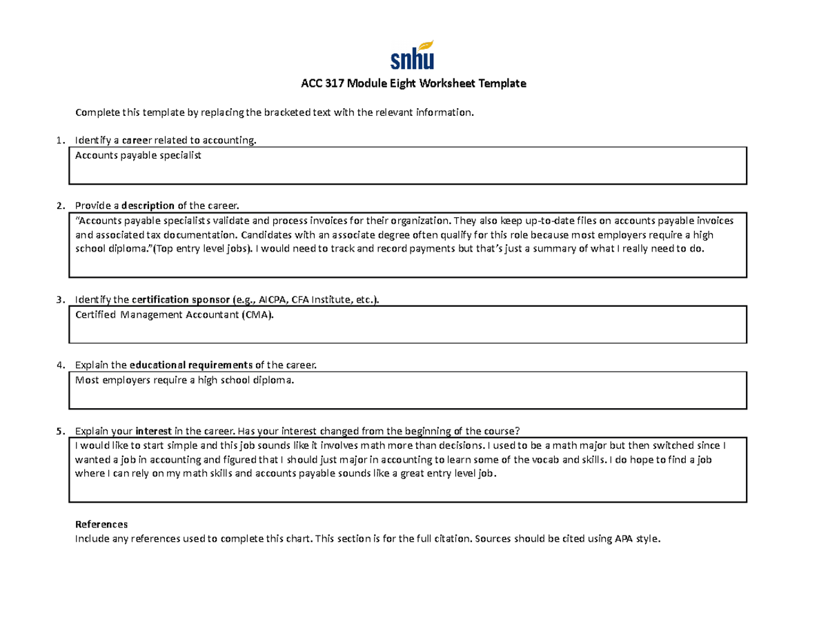 ACC 317 Module Eight Worksheet Template - ACC 317 Module Eight Worksheet Template Complete this ...