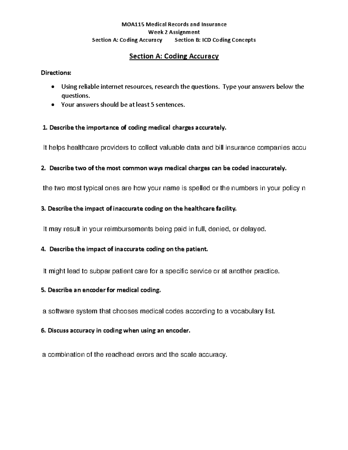 Week 2 assignment - MOA115 Medical Records and Insurance Week 2 ...