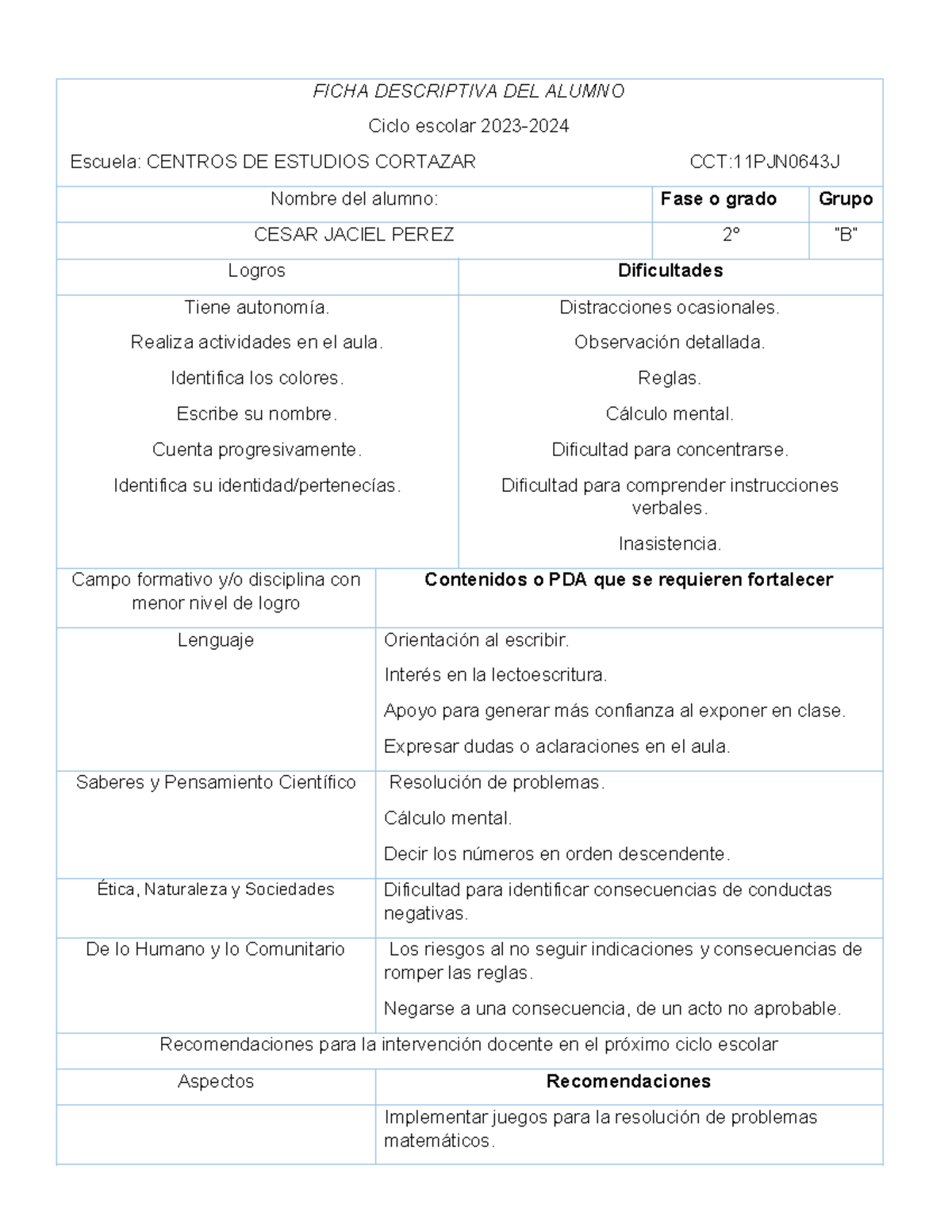 Ficha Descriptiva DE Alumnos CON Rezago 2°B - FICHA DESCRIPTIVA DEL ALUMNO Ciclo escolar 2023 ...