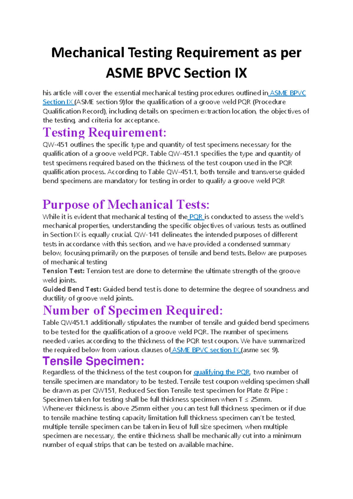 Mechanical Testing Requirement as per ASME BPVC Section IX - Mechanical ...
