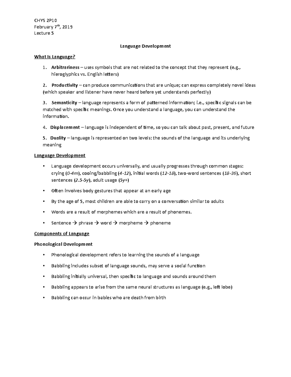 2P10 Lecture 5 - February 7th, 2019 Lecture 5 Language Development What Is Language ...