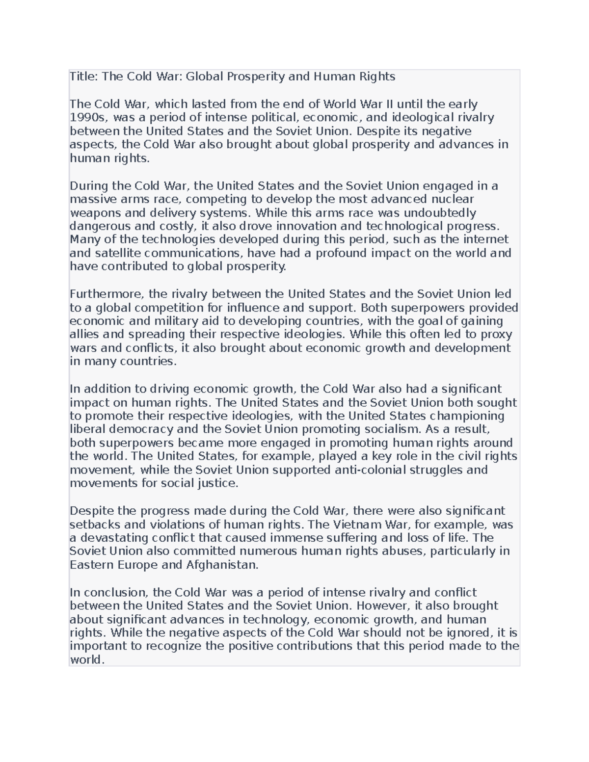 The Cold War - Global Prosperity and Human Rights - Title: The Cold War ...