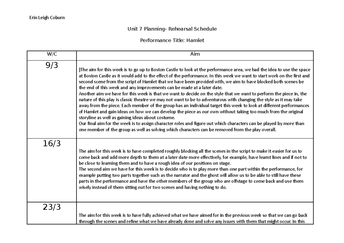 Rehearsal Schedule - finished - Unit 7 Planning- Rehearsal Schedule ...