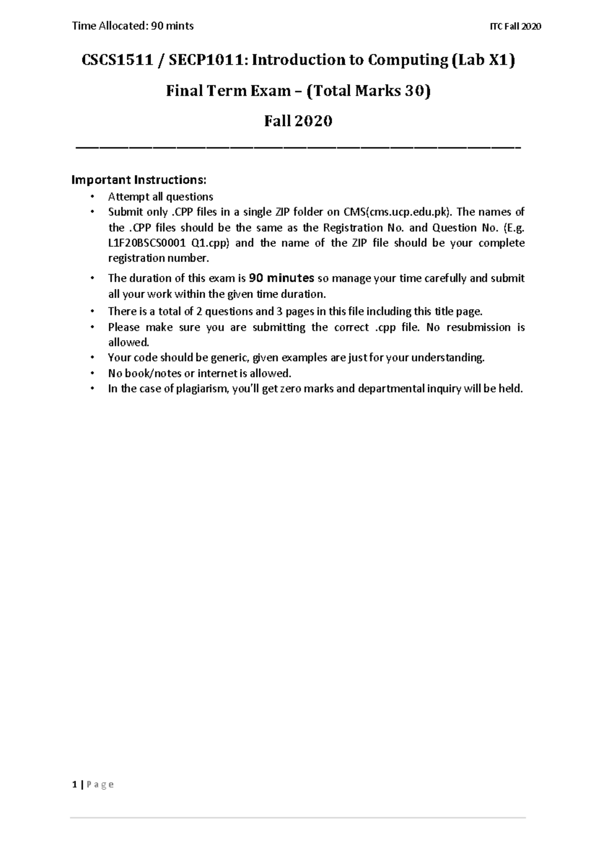 Itcfinal Fall 2020 Lab X1 Time Allocated 90 Mints Itc Fall 2020 1