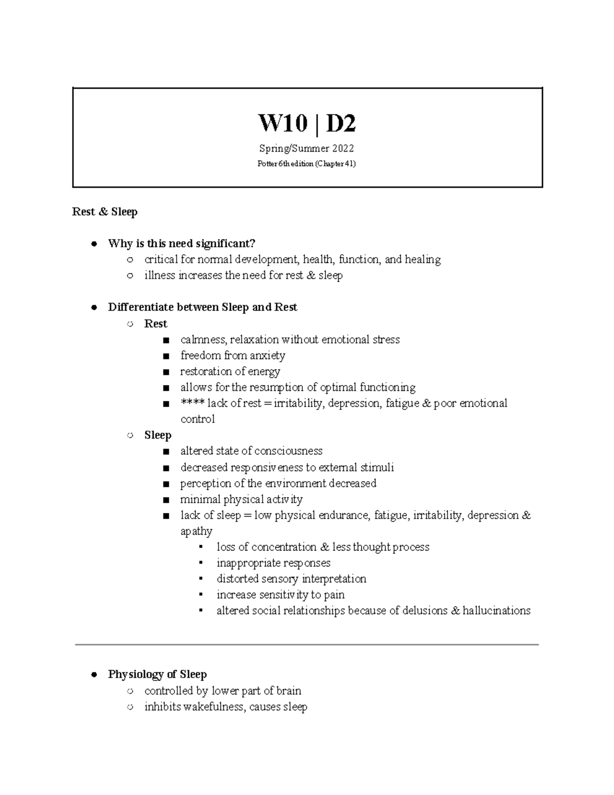 PNUR104 - OLG Week 10 Day 2 - Summer 2022 - W10 | D Spring/Summer 2022 ...