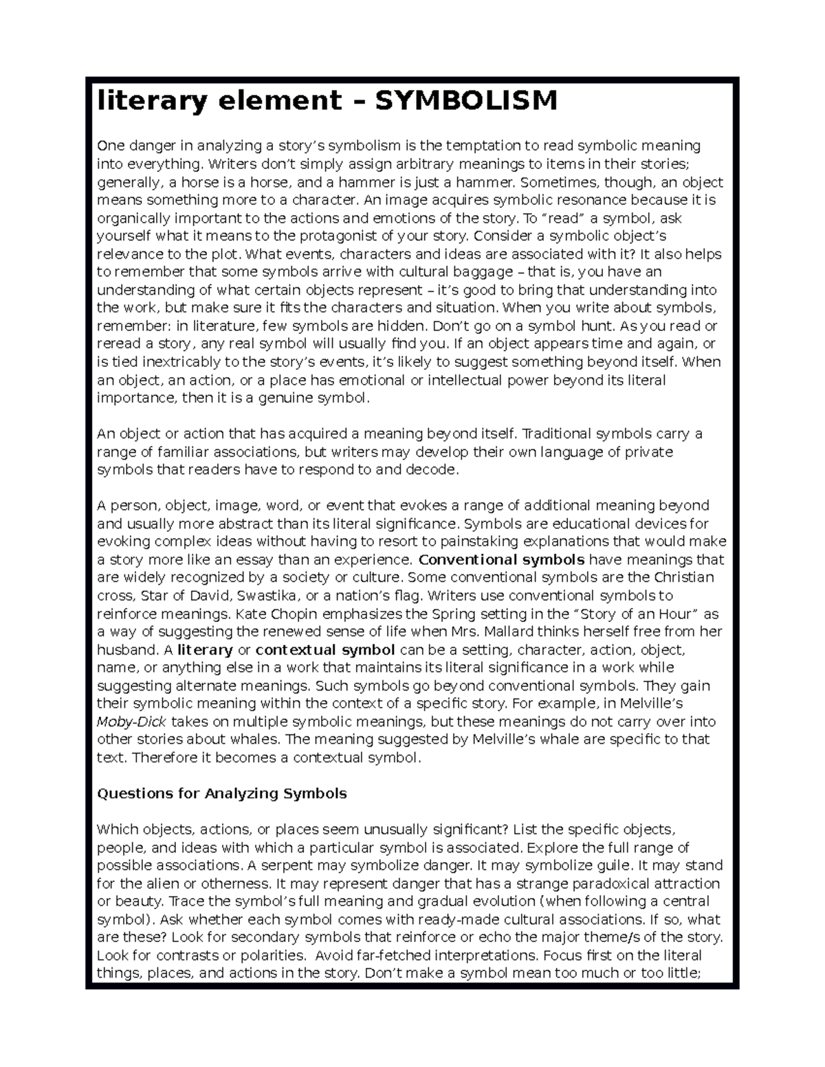 5 - symbol - yours - mary robison - literary element – SYMBOLISM One ...