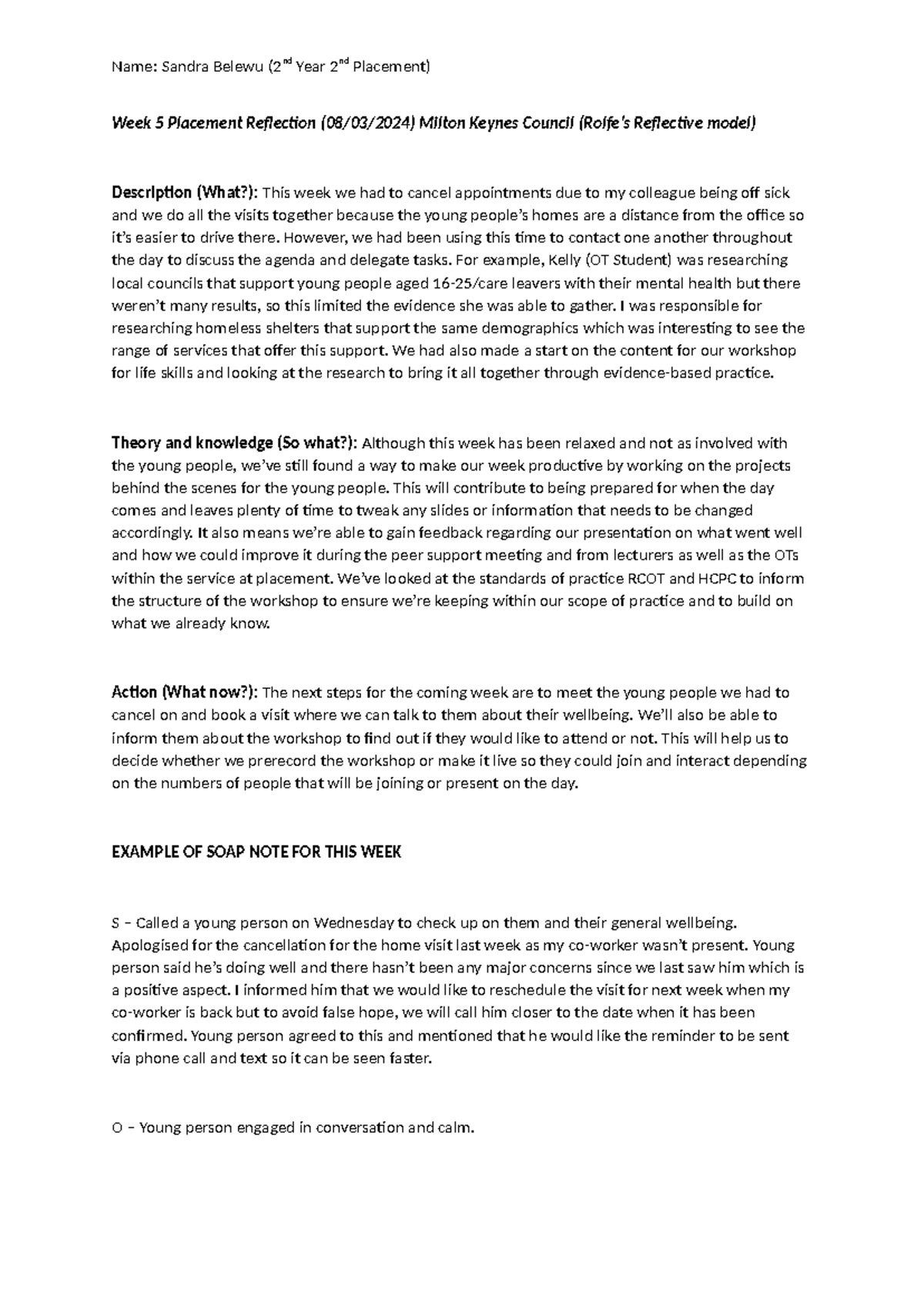 Week 5 Placement Reflection - Name: Sandra Belewu (2nd Year 2nd ...