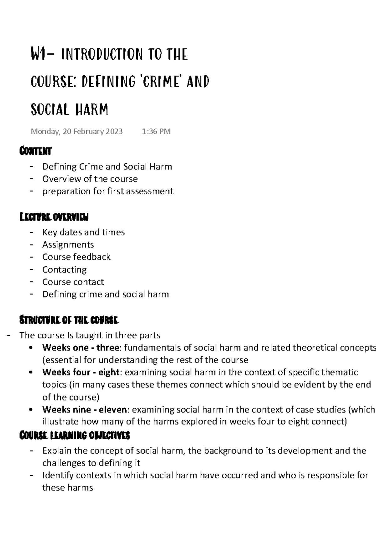 W1- introduction to the course defining 'crime' and social harm ...