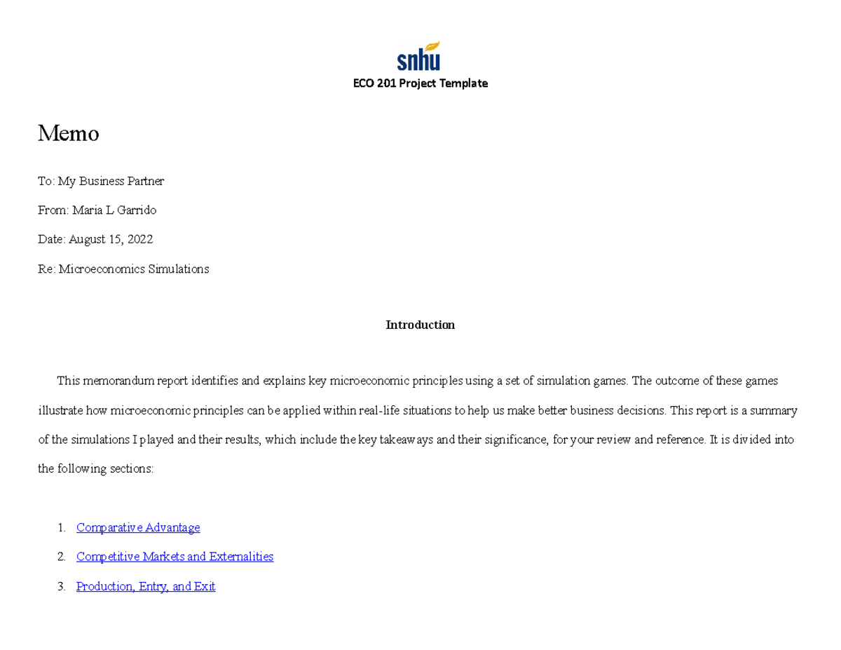 ECO 201 Final Project - ECO 201 Project Template Memo To: My Business ...