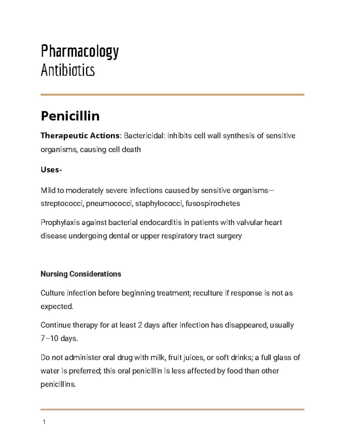 Class notes - Pharmacology Antibiotic Penicillin Therapeutic Actions ...