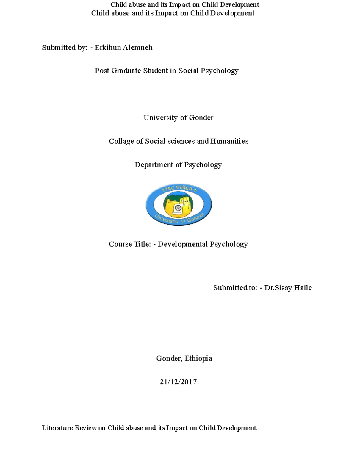 Literature Review on child abuse and its impact on children Development ...