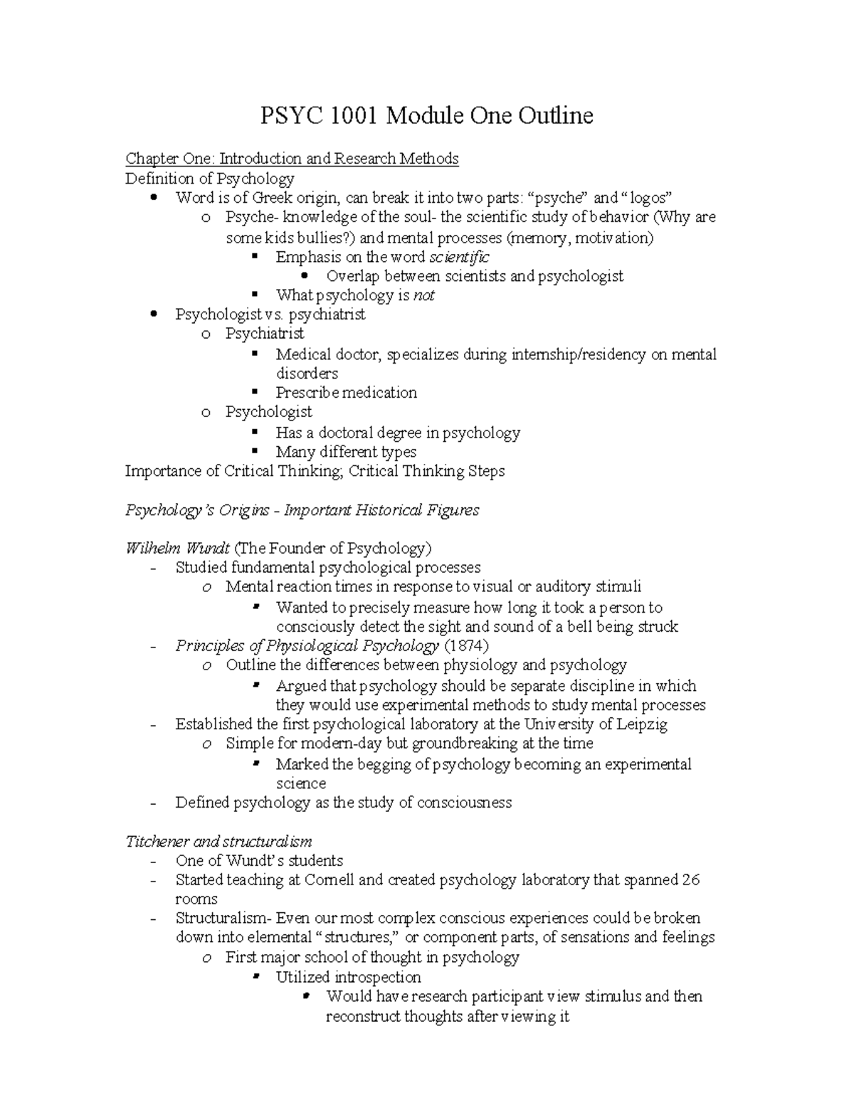 Psych UNIT 1 Outline - PSYC 1001 Module One Outline Chapter One ...