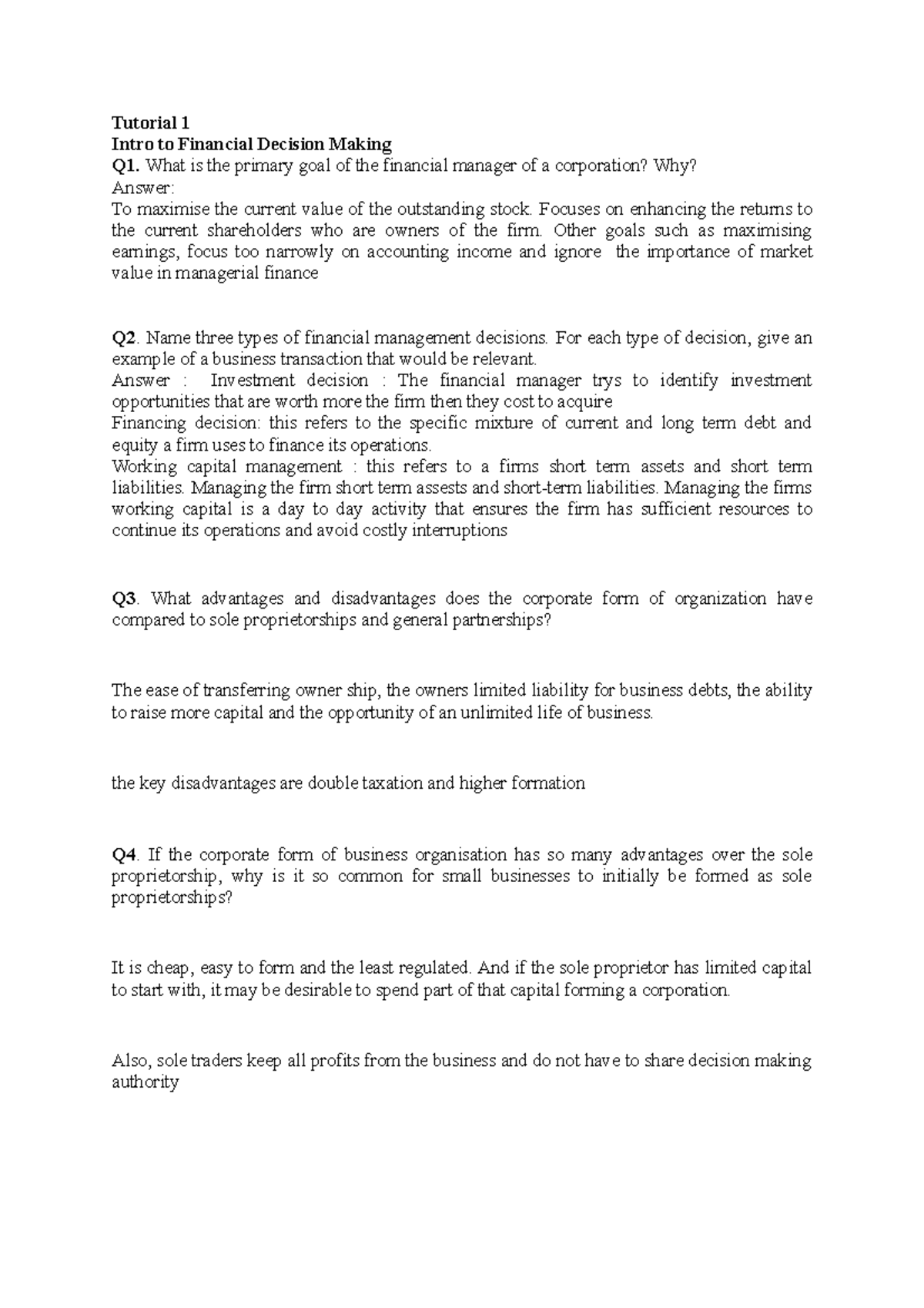 Tut 1 Questions 2022-2 - Tutorial 1 Intro to Financial Decision Making ...