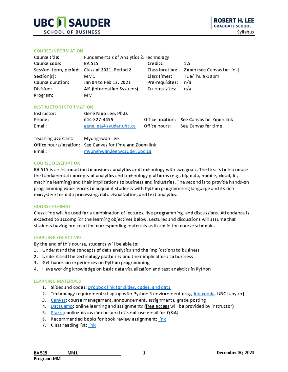 MM BA 515 Coures Outline (202012 30) - BA 5 15 MM 1 1 December 30, 2020 ...