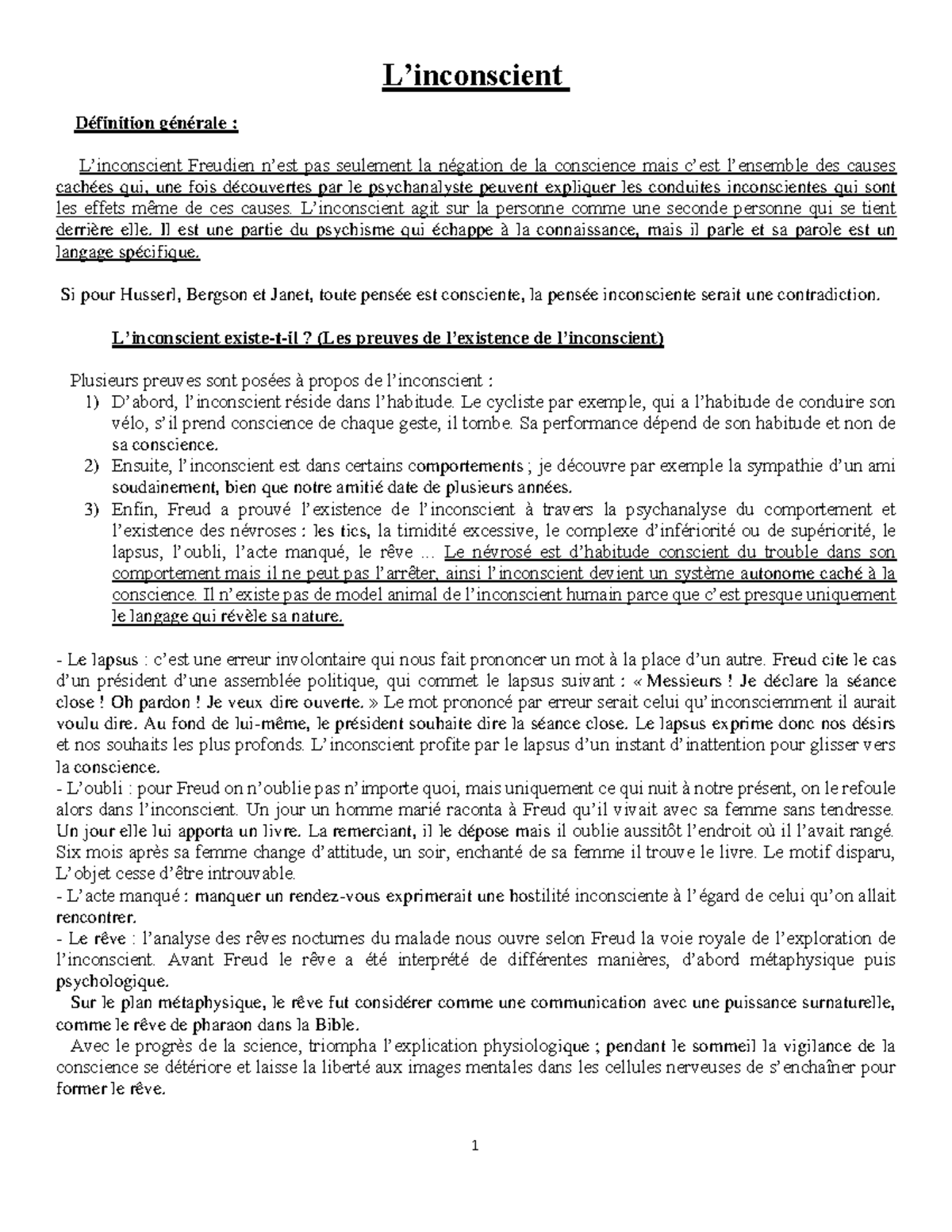 CH 2 Inconscient - L’inconscient Définition générale : L’inconscient ...