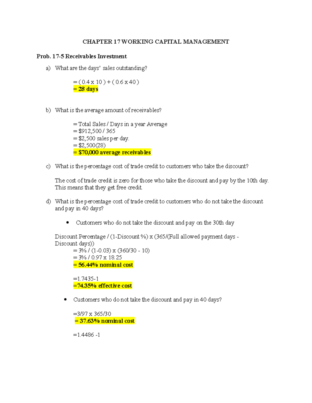 Working capital - CHAPTER 17 WORKING CAPITAL MANAGEMENT Prob. 17-5 ...